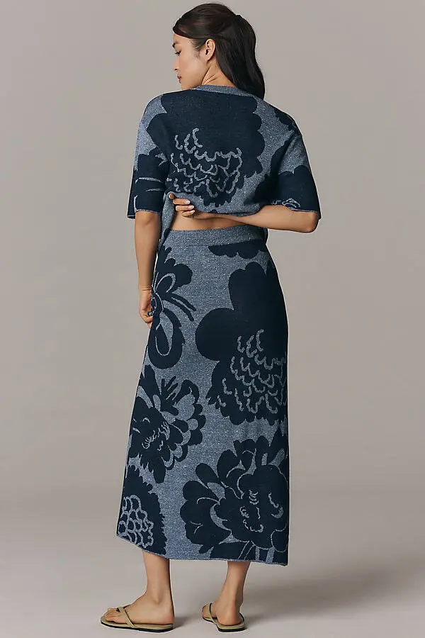Marimekko Sivellys Pioni Knit Midi Skirt - Dark Navy | Editorialist